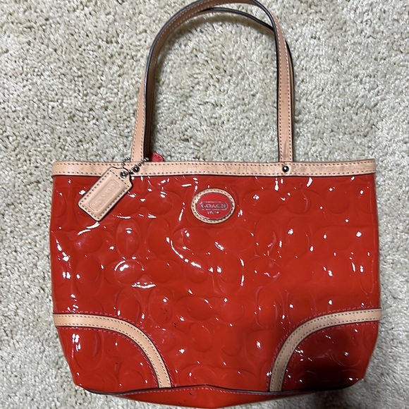 Coach | Bags | Coach Embossed Logo Orange Patton Bag With Tan Leather ...
